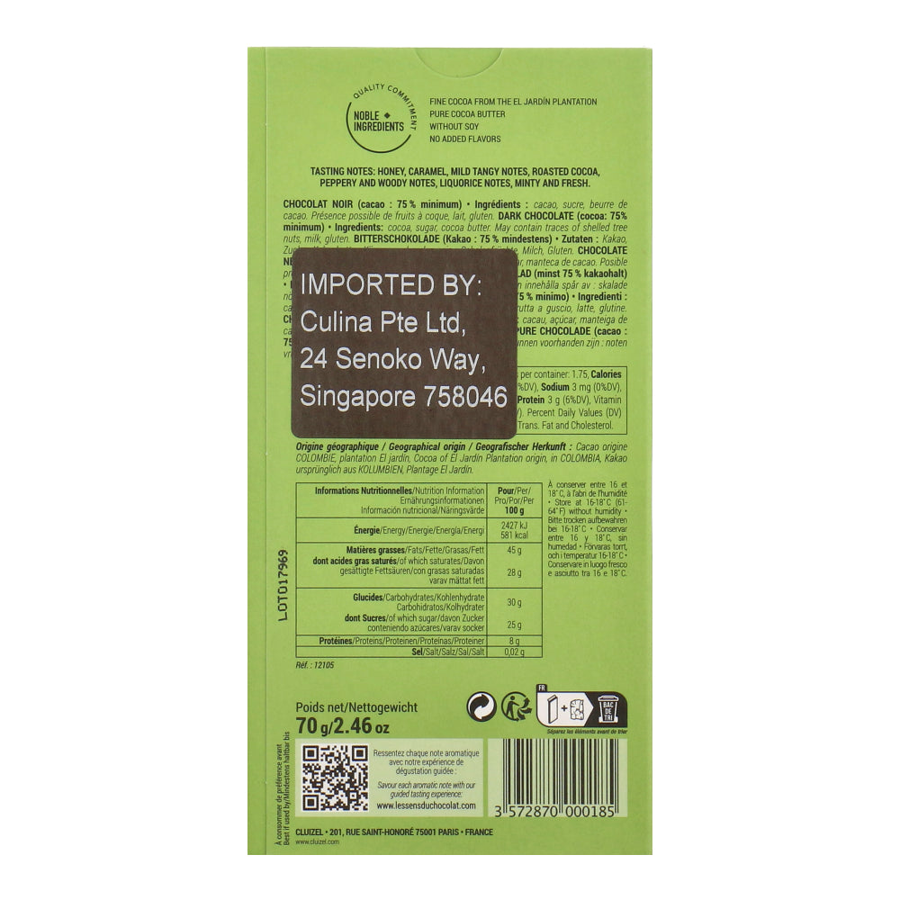 Tablet El Jardin Dark Chocolate 75%, 70gm